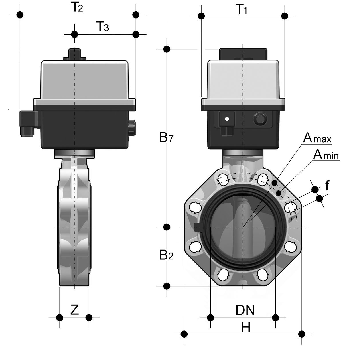 PVC-spjeldventil d160mm/dn150 VITON med don ER100 230v/50Hz